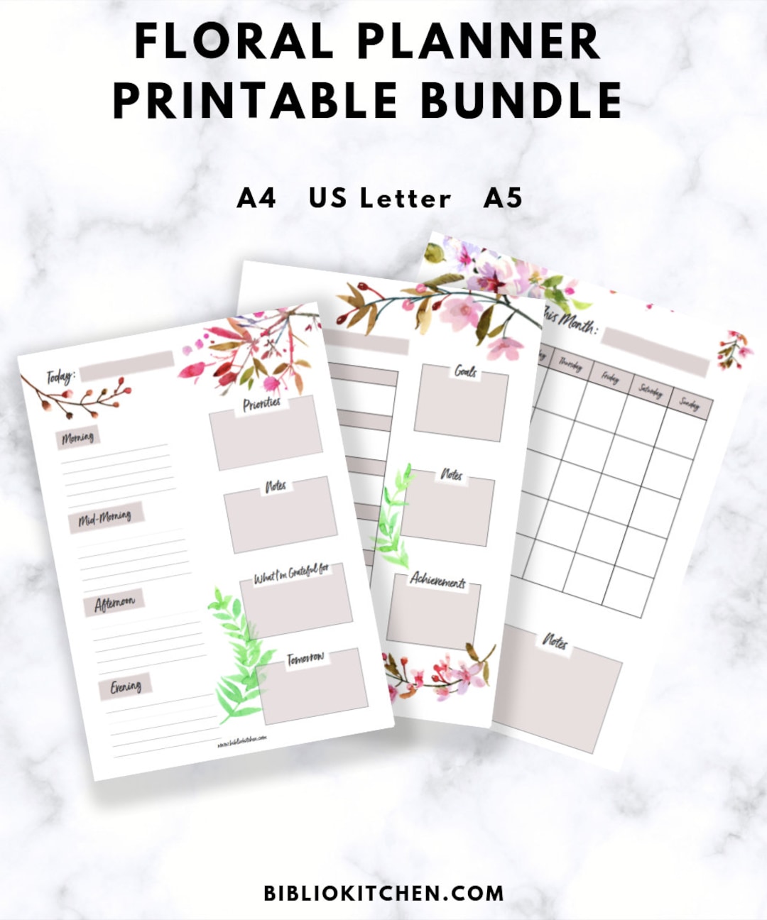 Floral Daily, Weekly, Monthly Planner Printable Bundle, Undated ...