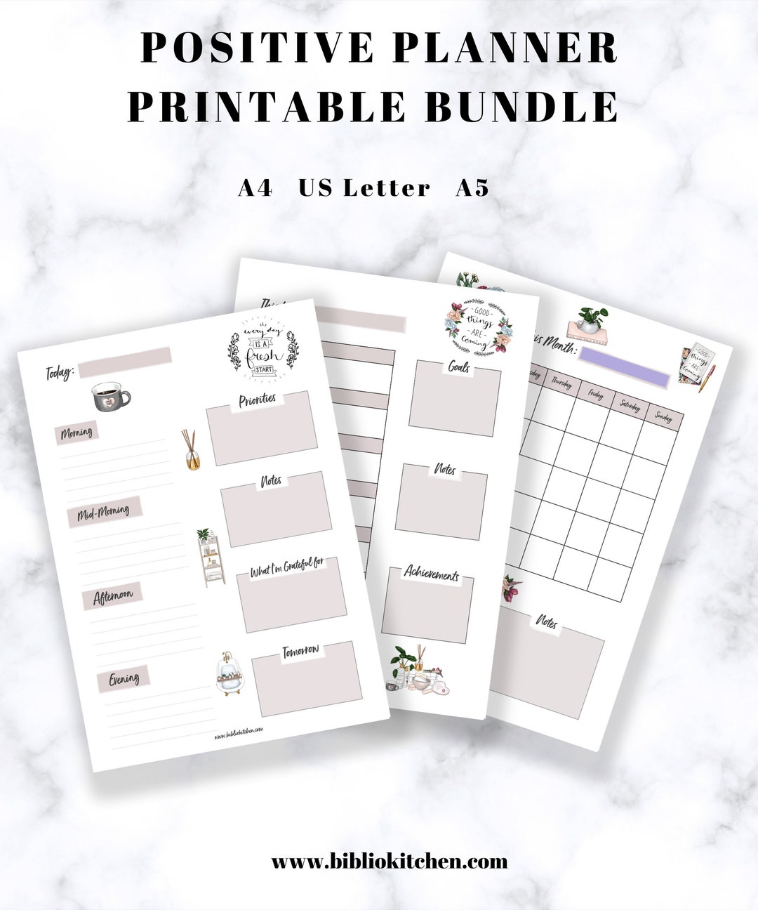 Positive Daily, Weekly, Monthly Planner Printable Bundle, Undated ...
