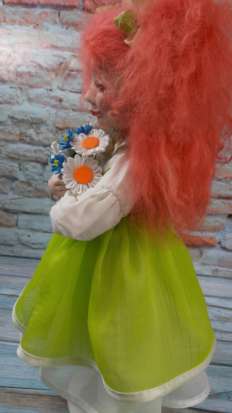 Girl Doll Unique Gift With Red Long Hair With Flowers Ooak - Etsy