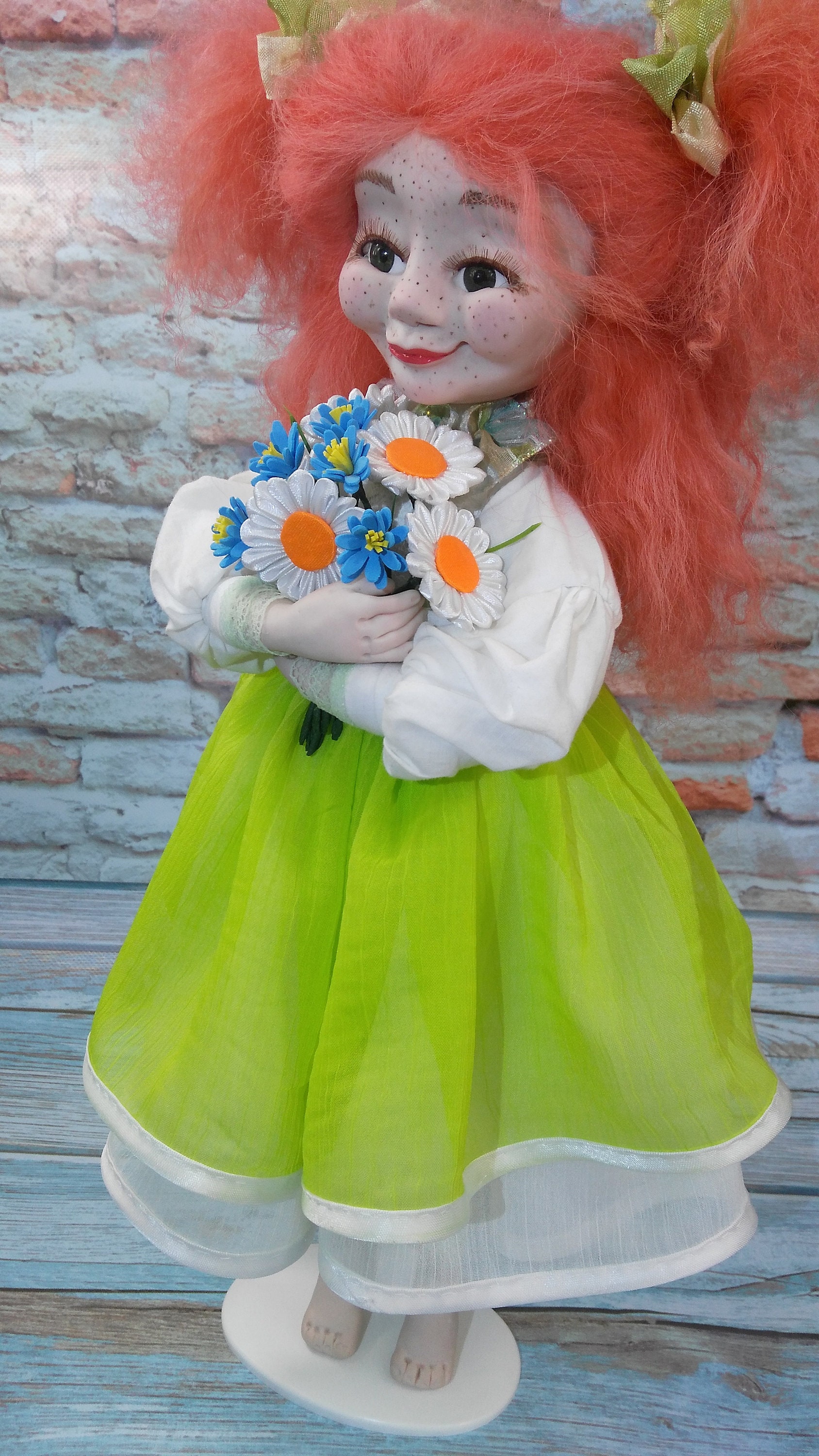Girl Doll Unique Gift With Red Long Hair With Flowers Ooak - Etsy