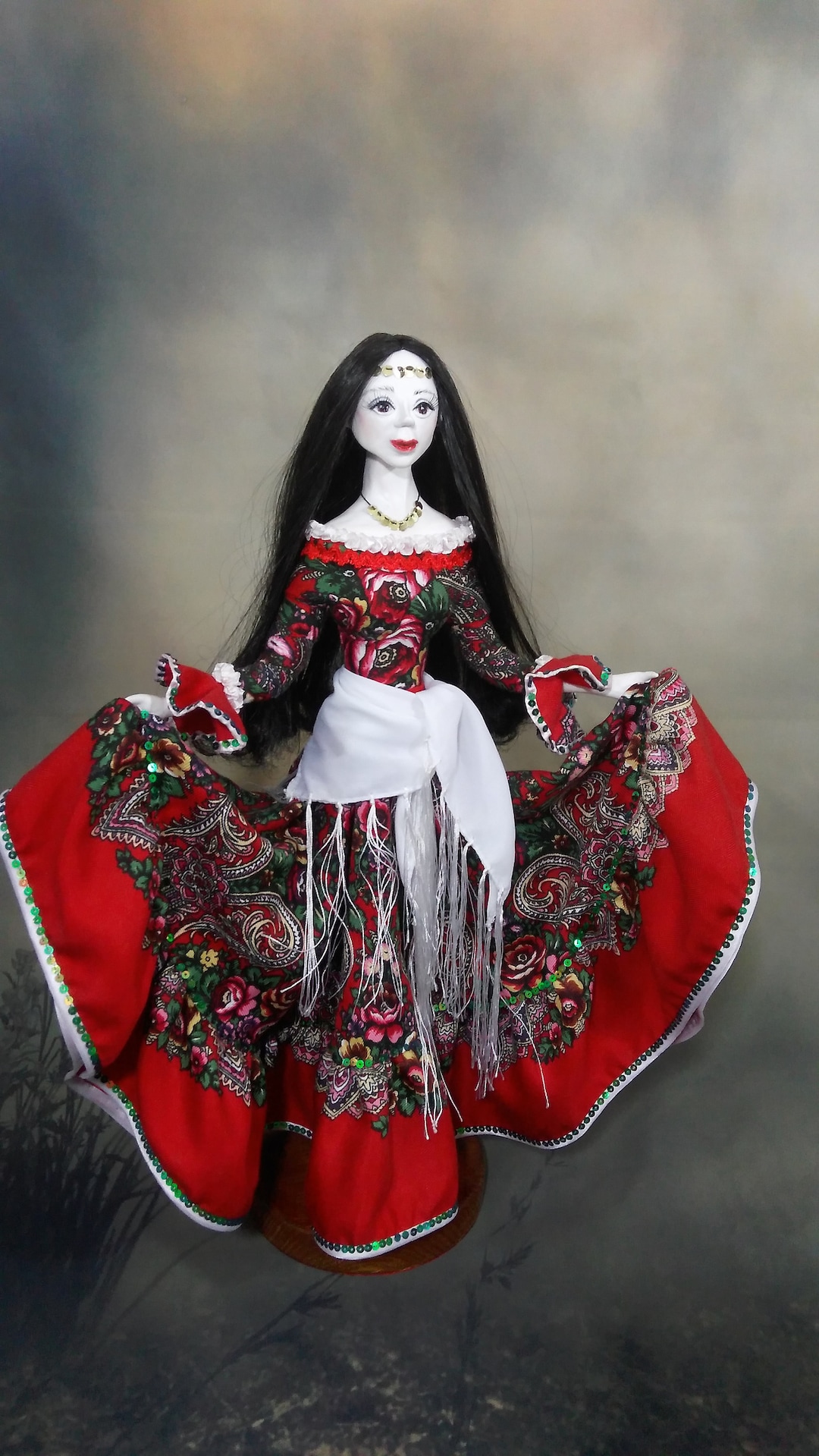 Art Doll Gypsy Aza, Doll in Red Dress With Long Black Hair Gift Doll ...
