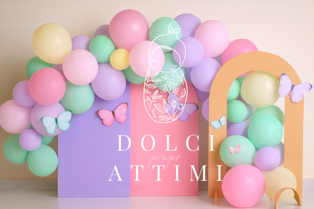 Pastel Butterfly Balloon Backdrop – Digital Cake Smash Background for ...