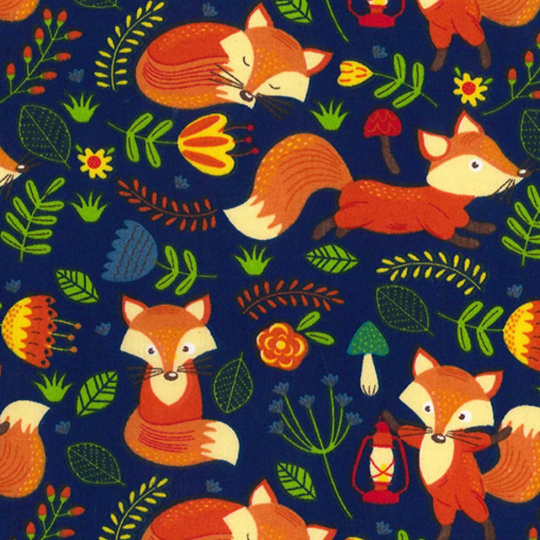 Navy Fox Woodland Polycotton Fabric - Etsy