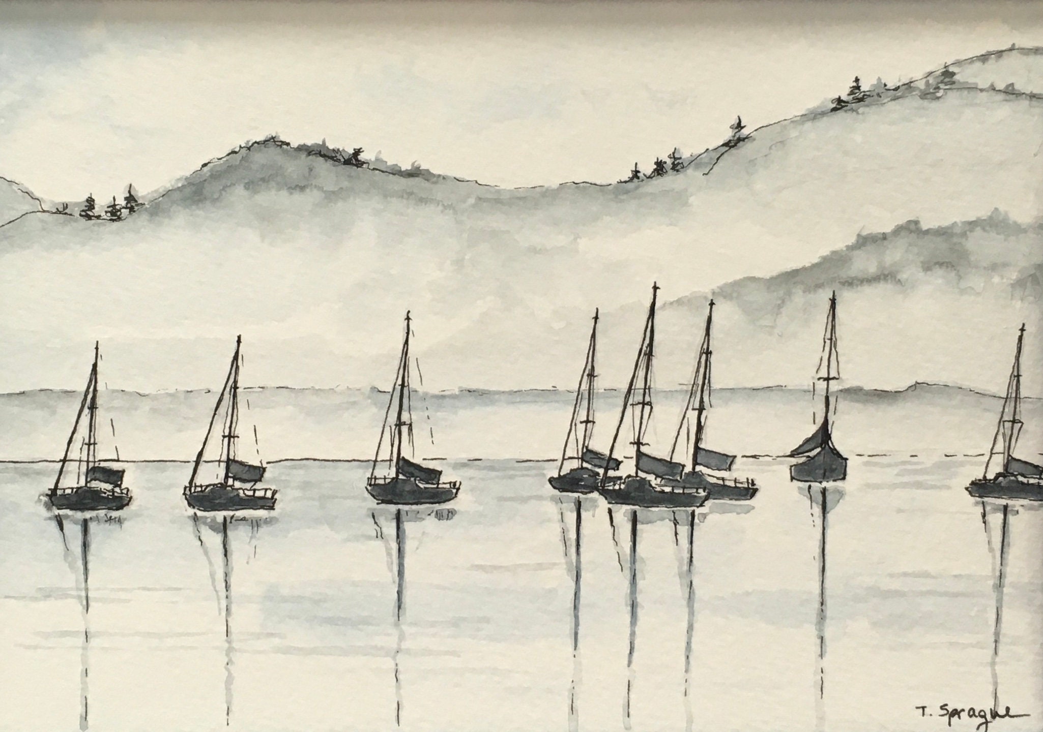 Sailboats Watercolor Seascape Pen and Ink Giclee Print - Etsy.de