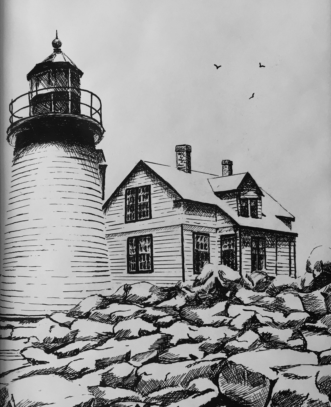 Prospect Harbor Lighthouse, Pen and Ink, Giclee Print, Maine Lighthouse ...