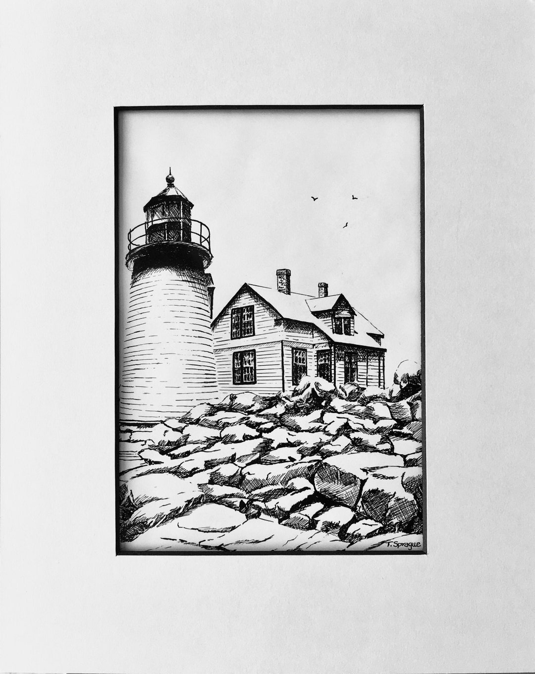 Prospect Harbor Lighthouse, Pen and Ink, Giclee Print, Maine Lighthouse ...