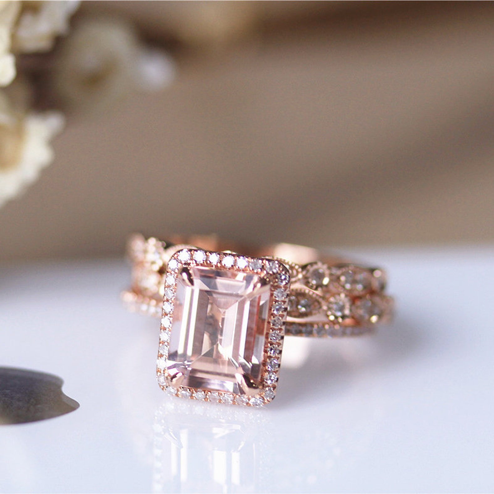 Emerald Cut Morganite Engagement Ring Set 14k Rose Gold Etsy