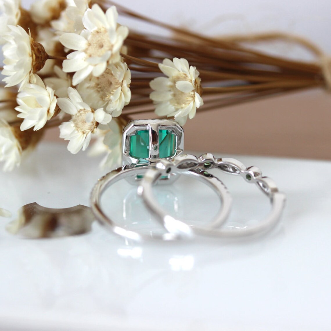 Lab Created Emerald Ring Set 68mm Emerald Cut Green Stone - Etsy