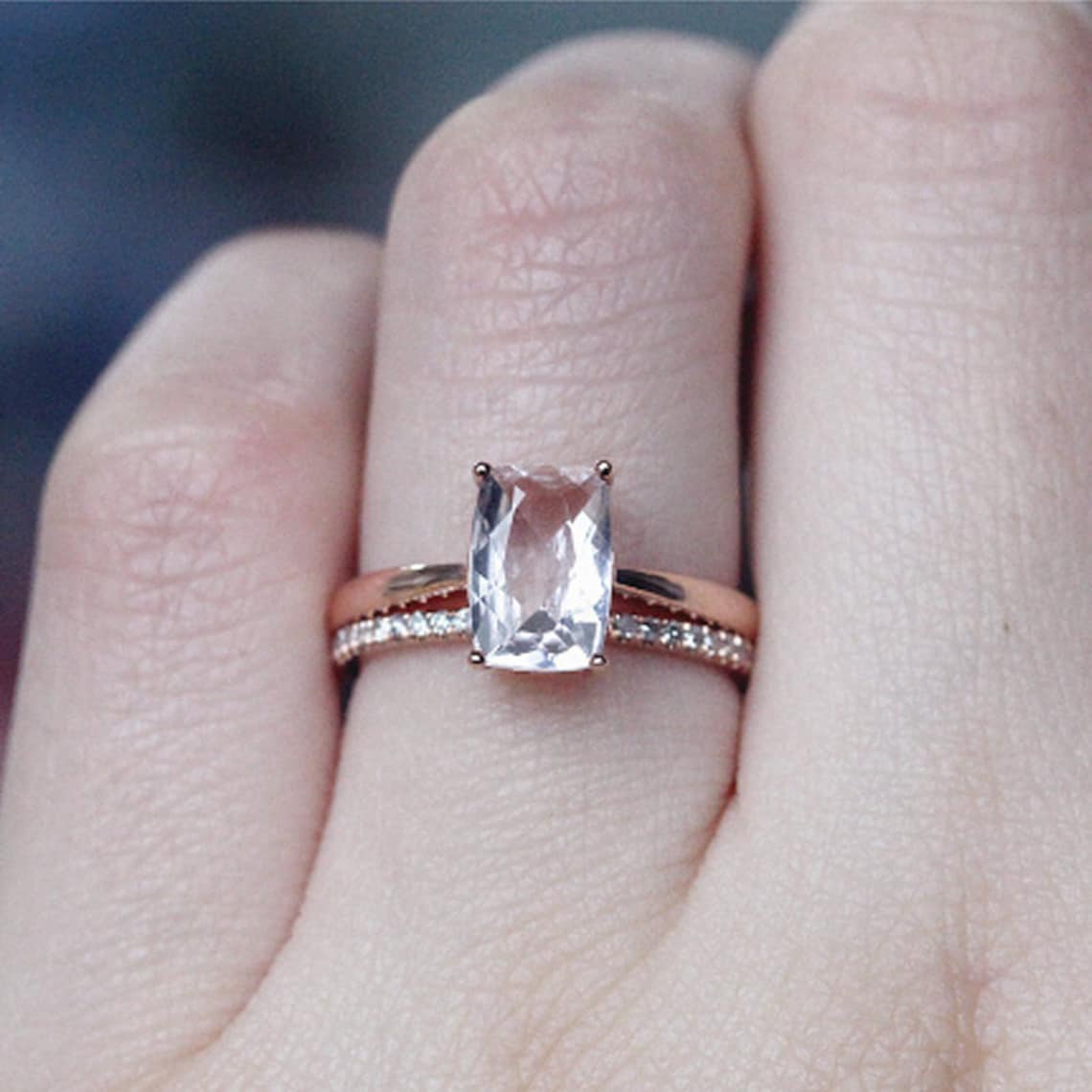 Cushion Cut Morganite Engagement Ring Set 14K Rose Gold | Etsy