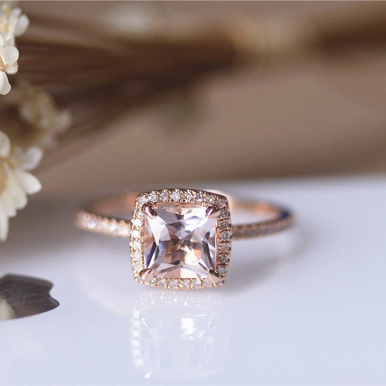 6.5mm Princess Cut Morganite Ring Natural Genuine Diamond | Etsy