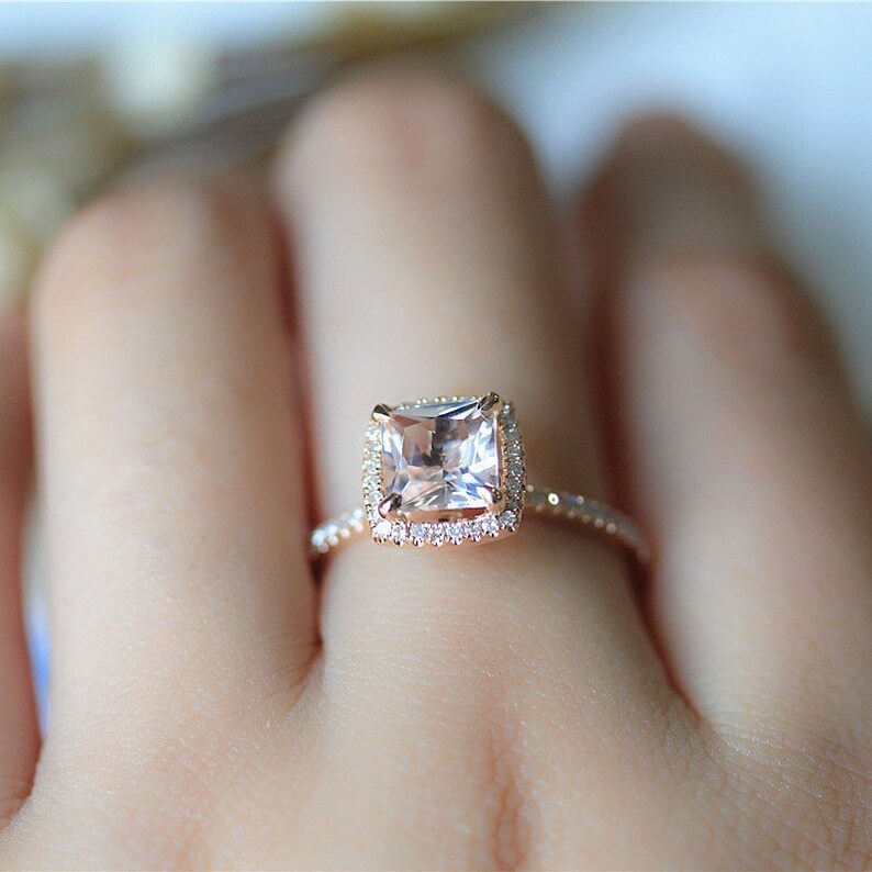 6.5mm Princess Cut Morganite Ring Natural Genuine Diamond | Etsy