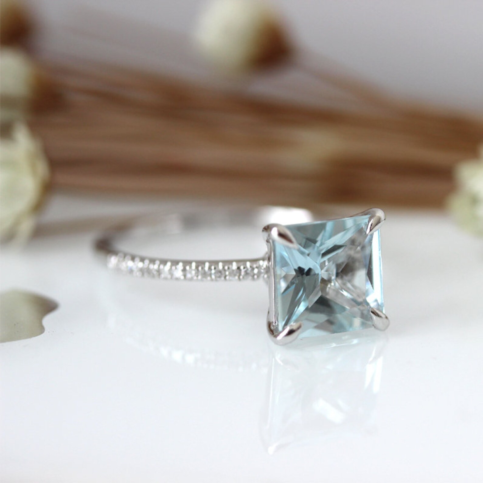 Princess Cut 7mm Light Blue Aquamarine Engagement Ring - Etsy