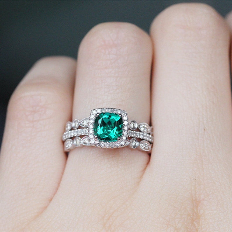 Lab Created Emerald Ring Set 6mm Cushion Cut Green Stone - Etsy