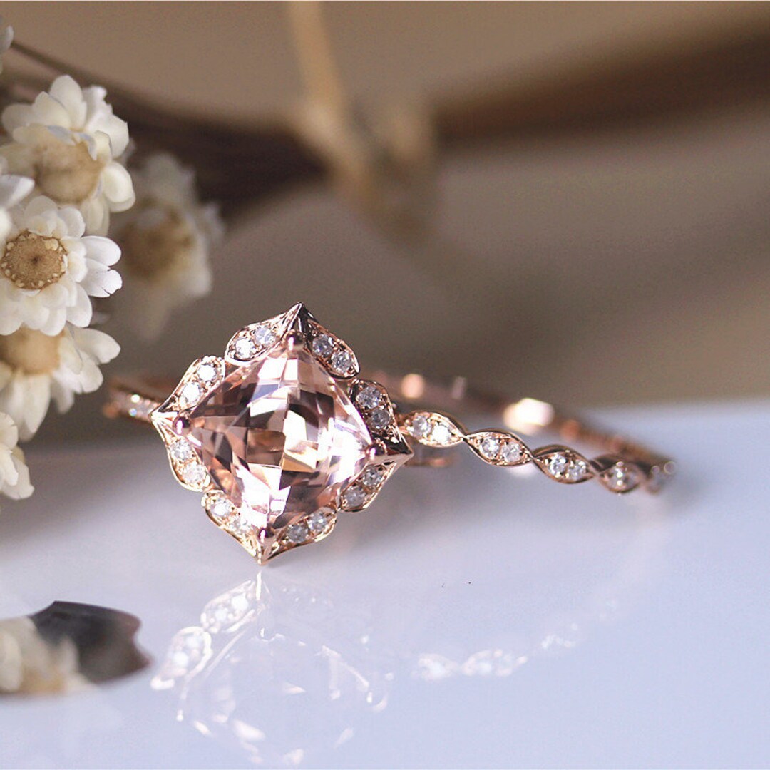 Classic 6 Mm Cushion Cut Morganite Ring Set, Natural Genuine Diamond ...