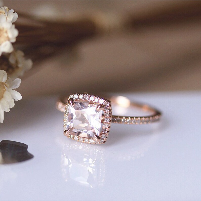 6.5mm Princess Cut Morganite Ring Natural Genuine Diamond | Etsy