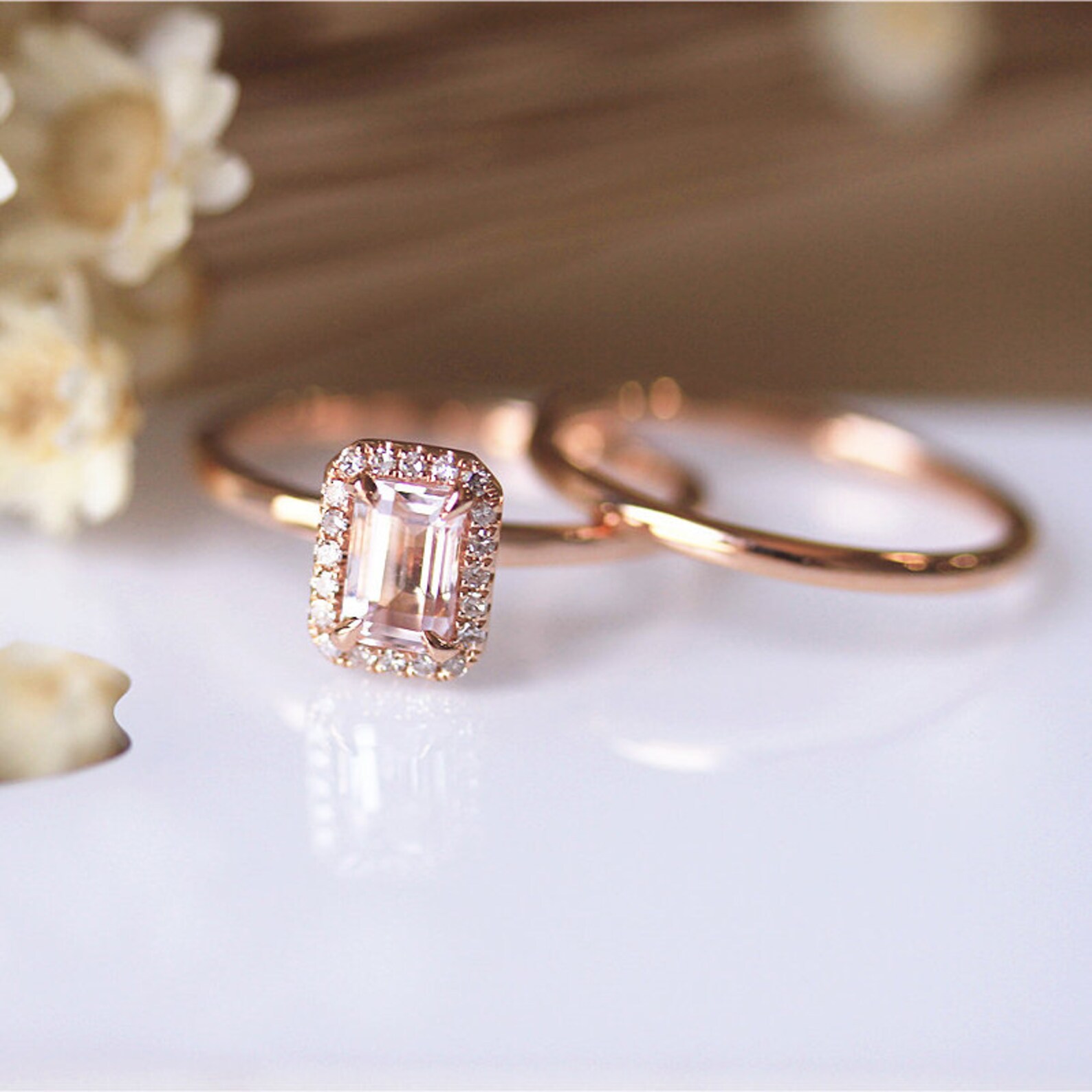 Simple Style Rose Gold Engagement Ring Set 46mm Emerald Cut - Etsy