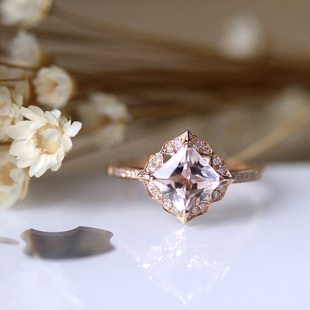 Classic 7mm Princess Cut Morganite Ring, Natural Genuine Diamond ...