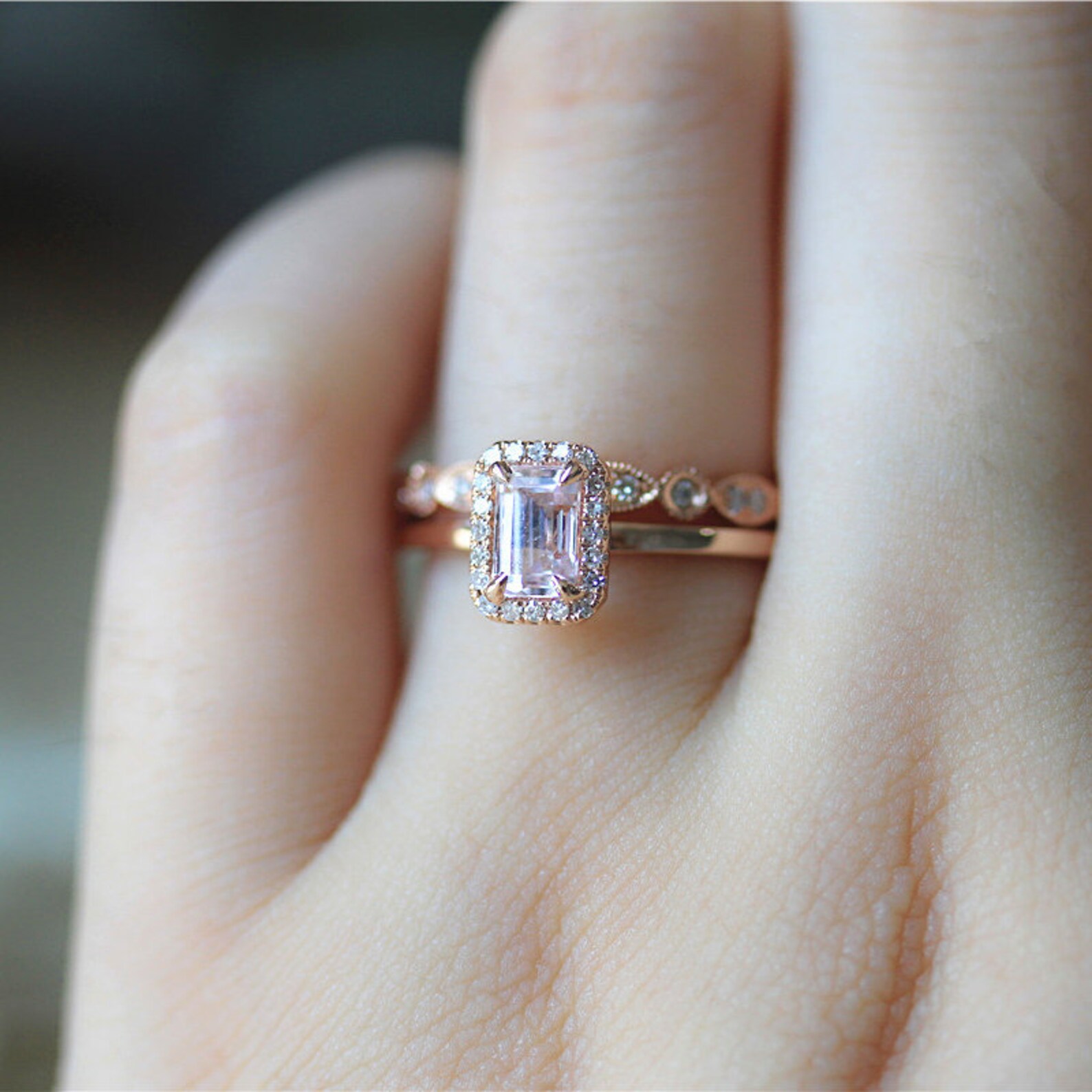 Simple Style Rose Gold Engagement Ring Set 46mm Emerald Cut | Etsy