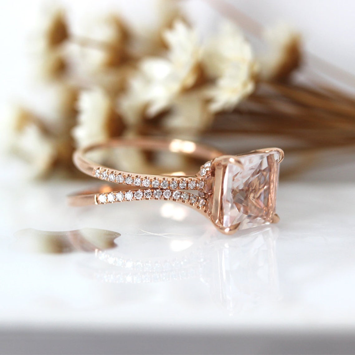Natural Light Pink 8mm Princess Cut Morganite Engagement Ring | Etsy