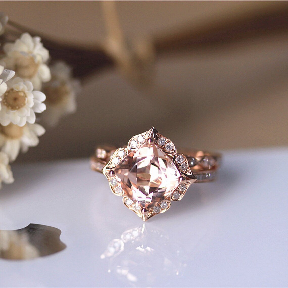 Classic 6 Mm Cushion Cut Morganite Ring Set Natural Genuine - Etsy