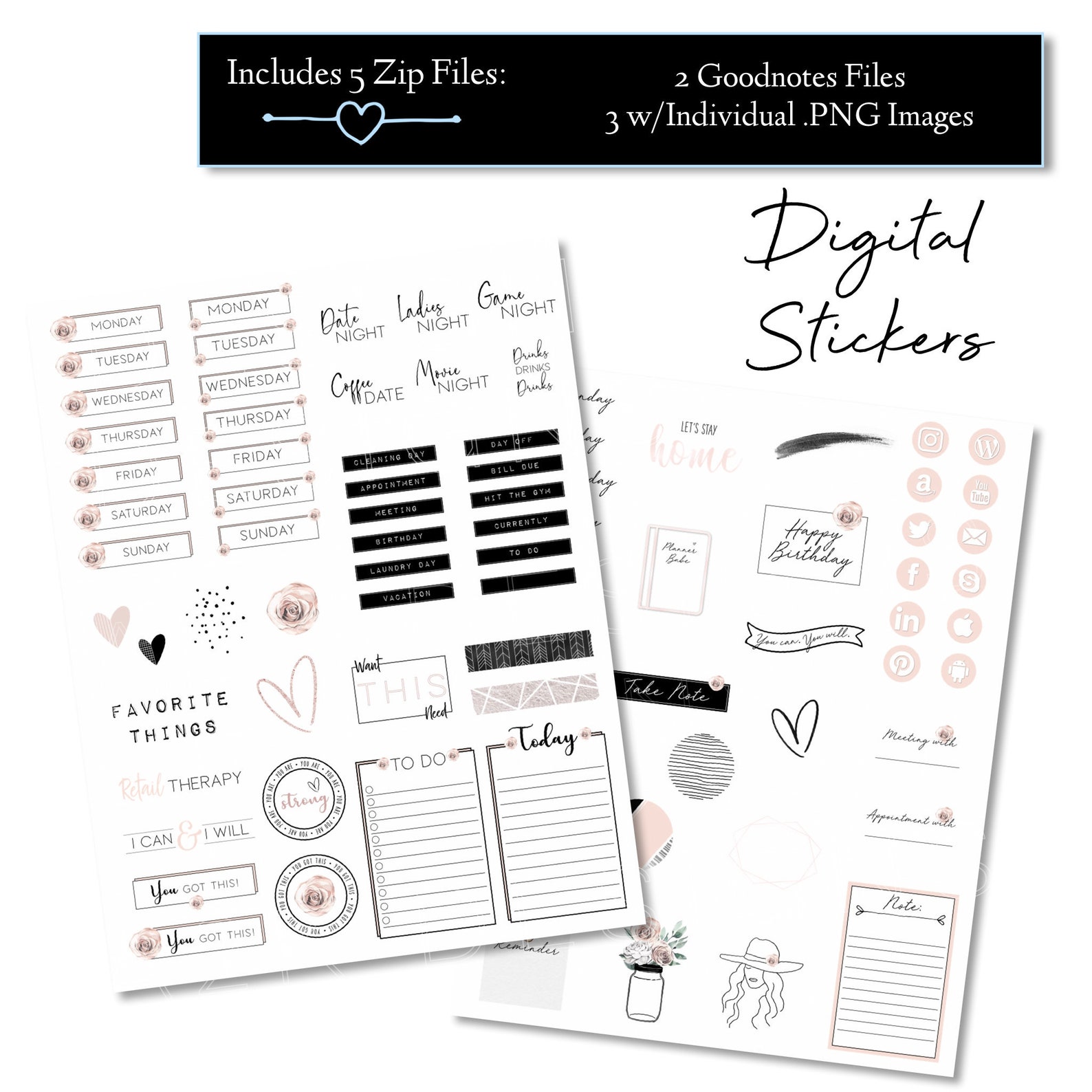 Digital Stickers | Sophisticated Rose Stickers for Digital Planners - Etsy