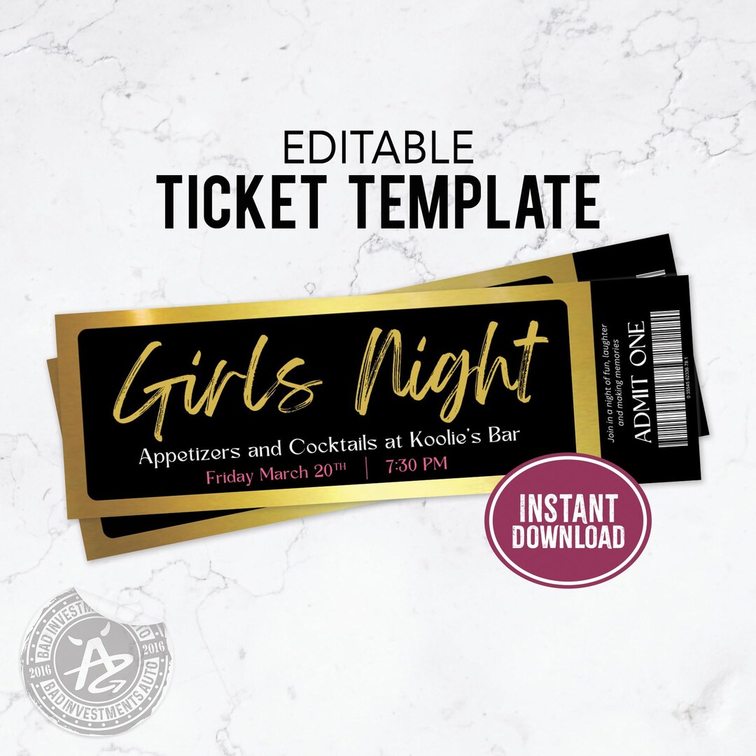 Girls Night Editable Ticket Template, Birthday Night Out, Editable ...
