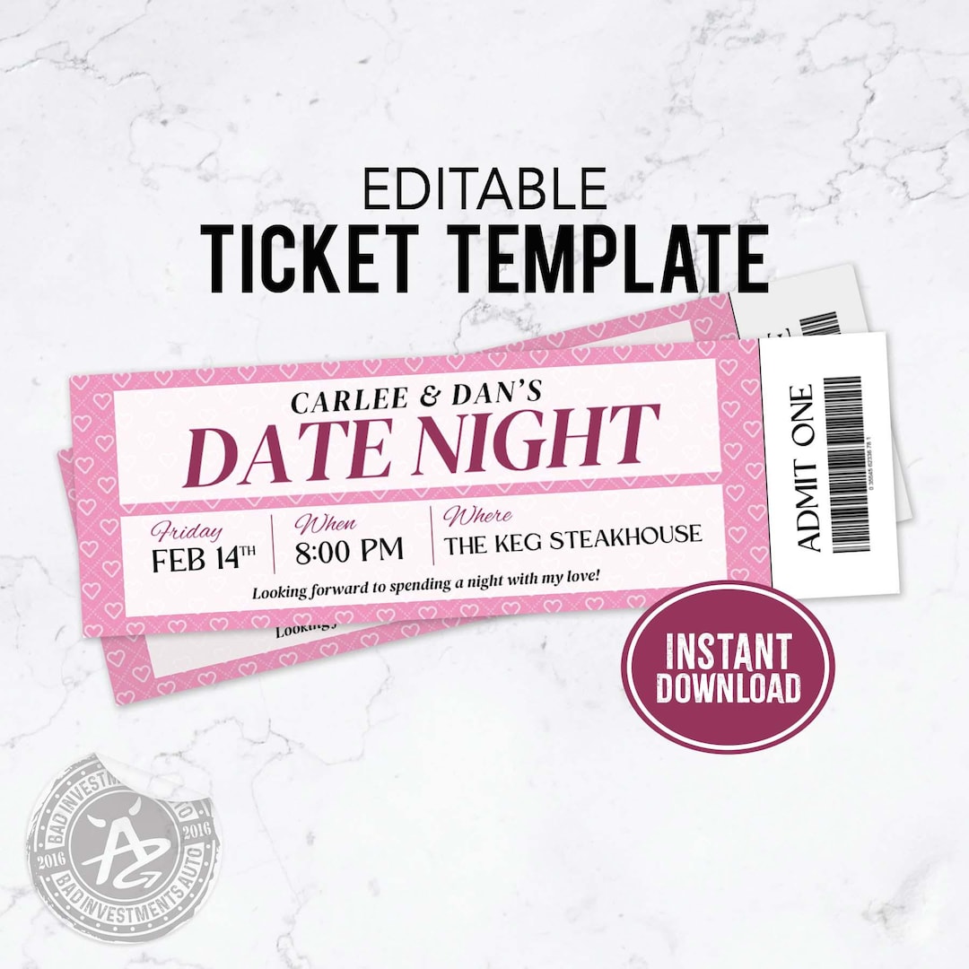 Date Night Ticket Template, Wedding Anniversary, Editable Couple ...