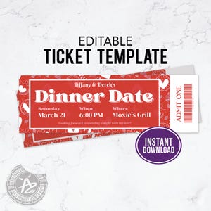 Dinner Date Night Ticket Template, DIY Anniversary, Editable Couple ...