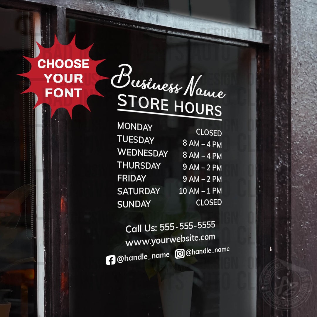 Business Decal, Custom Vinyl Decal, Store Hours Sticker, Custom Window ...
