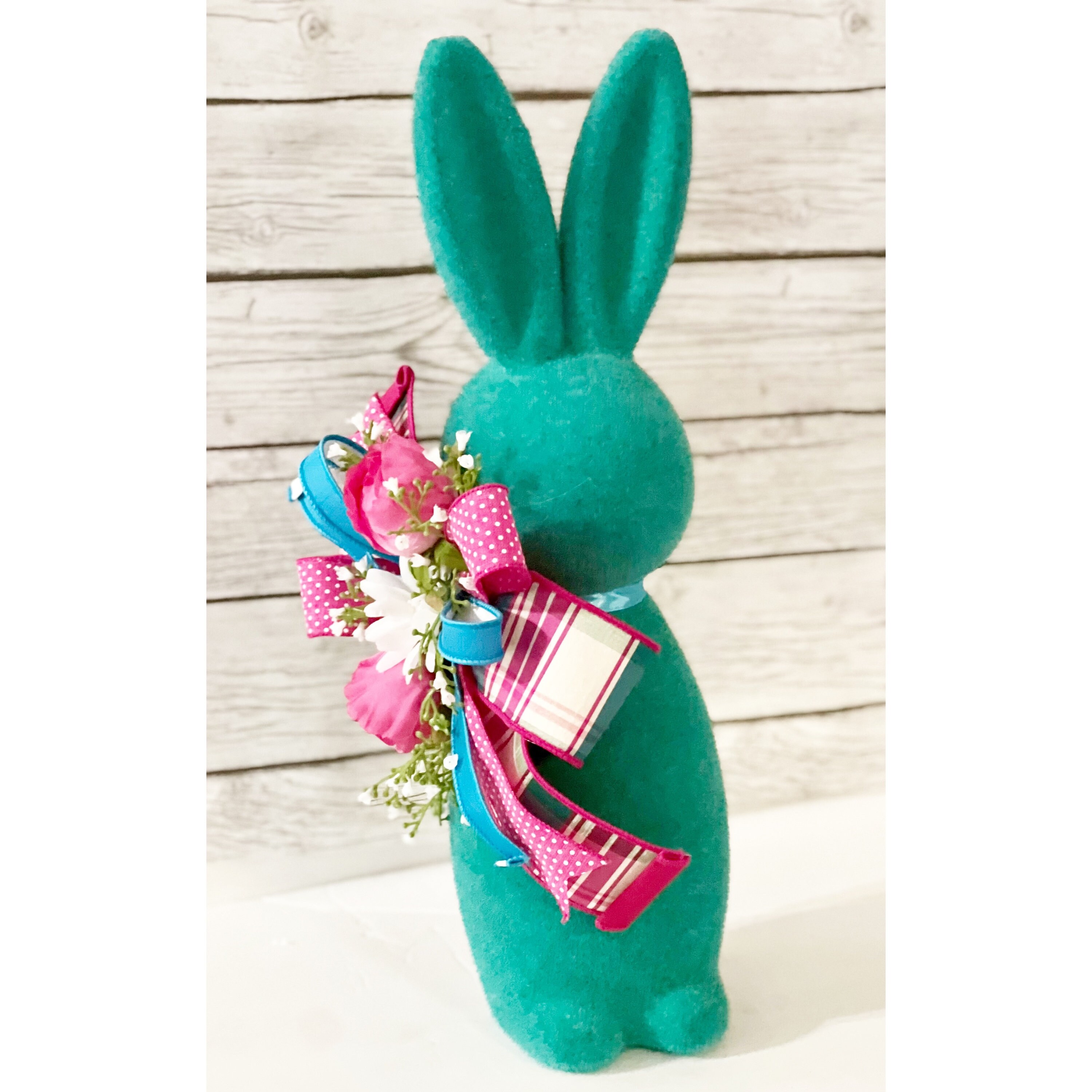 Flocked Teal Bunny, Flocked Bunny With Designer Bow, Bunny Floral Table ...
