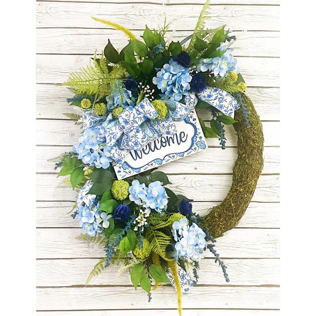Blue Hydrangea Wreath, Spring Welcome Wreath, Chenoiserie Moss Wreath ...