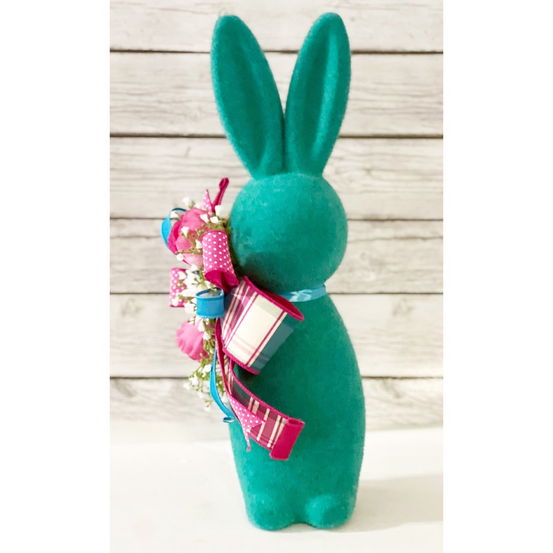 Flocked Teal Bunny, Flocked Bunny With Designer Bow, Bunny Floral Table ...