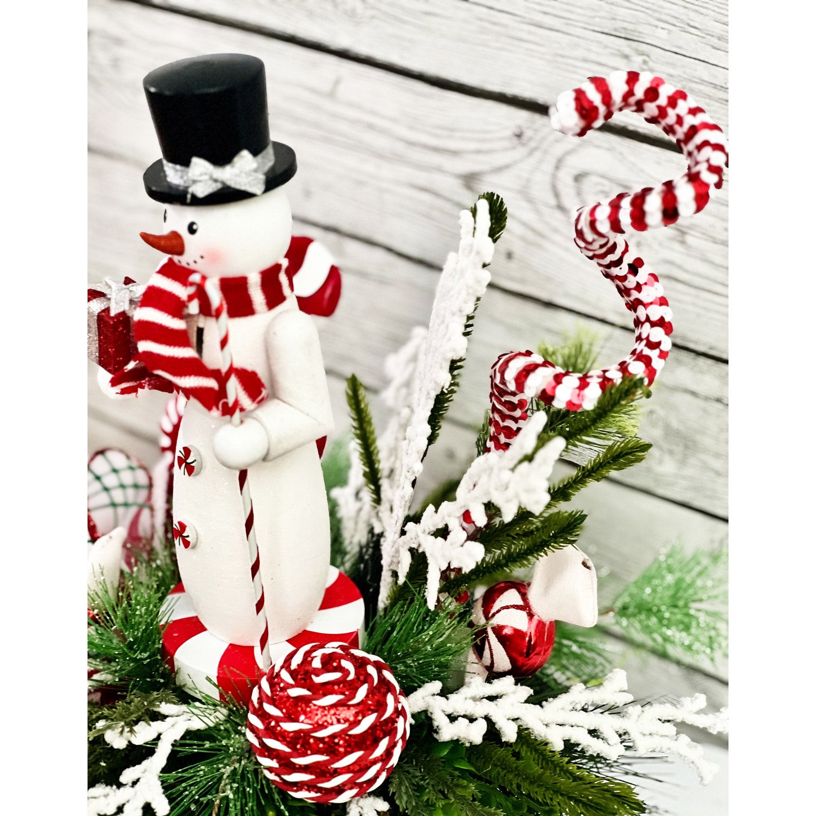 Snowman Nutcracker Table Arrangement, Candycane Snowman Christmas Decor ...