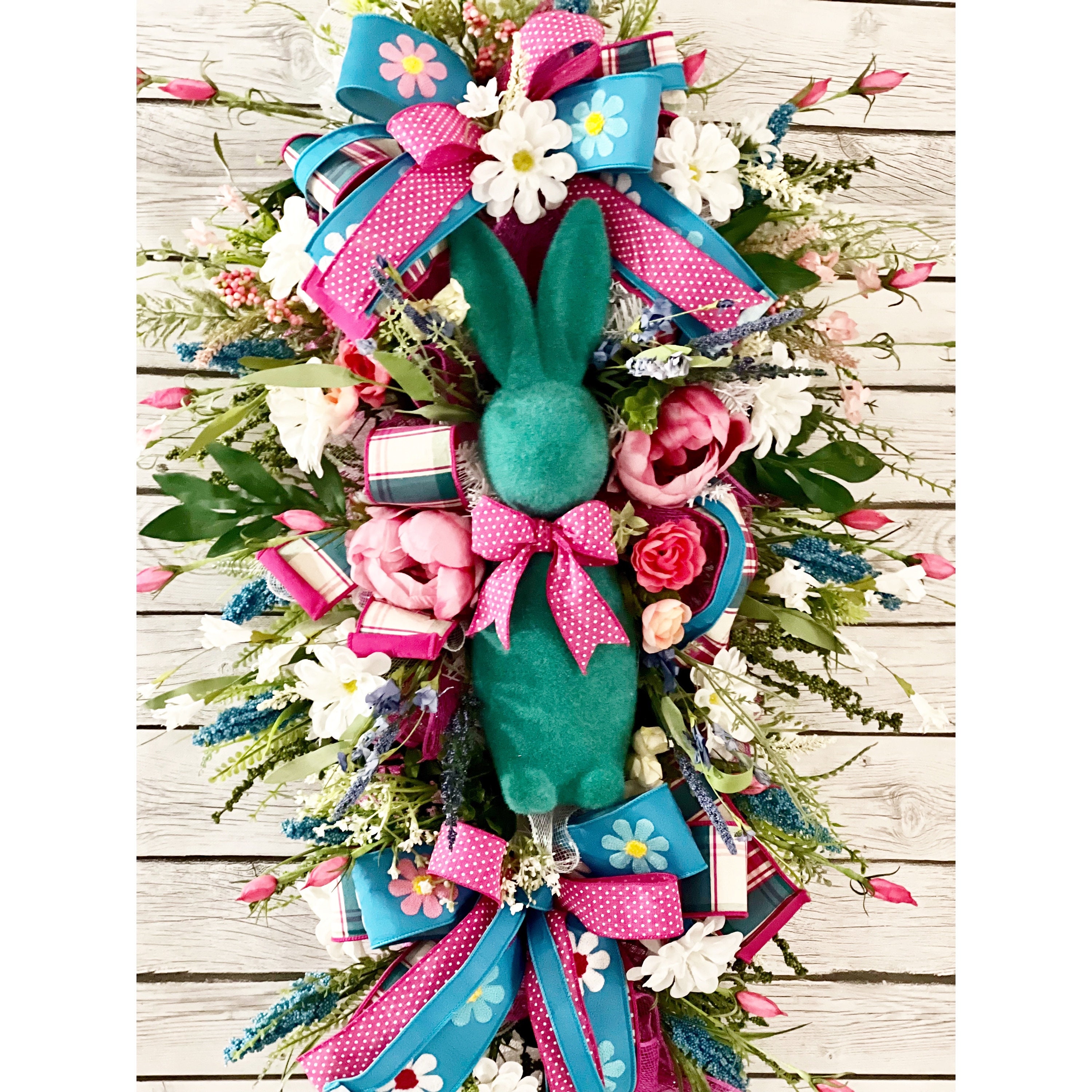 Easter Bunny Floral Swag: Teal Flocked Rabbit, Spring Door Decor - Etsy