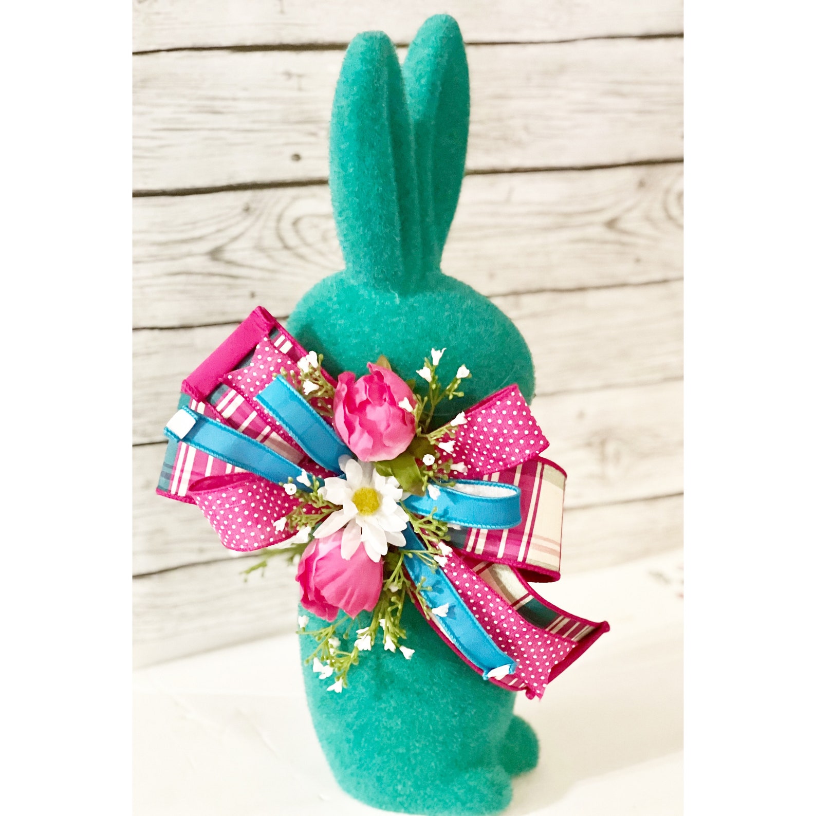 Flocked Teal Bunny, Flocked Bunny With Designer Bow, Bunny Floral Table ...