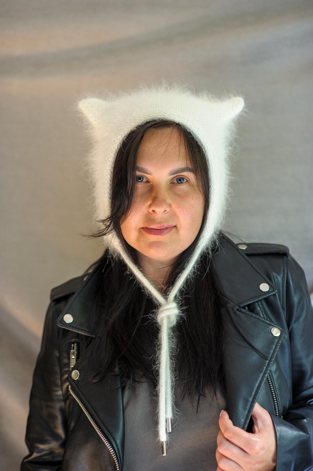 Delicate Fluffy Cat Ear Bonnet - Hand-knitted Mink Yarn Accessory With ...