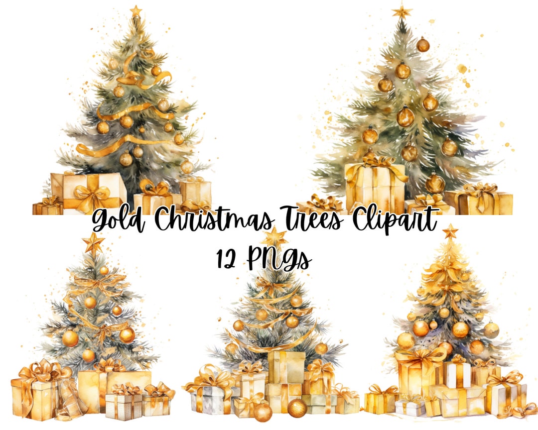 Golden Christmas Tree Clipart Gold Christmas Watercolor - Etsy