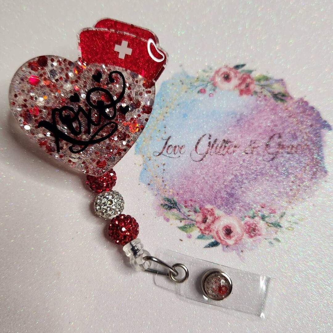 Red Glitter Nurse Hat Heart Badge Reel, RN, Nurse, Cna, Pct, Doctor ...