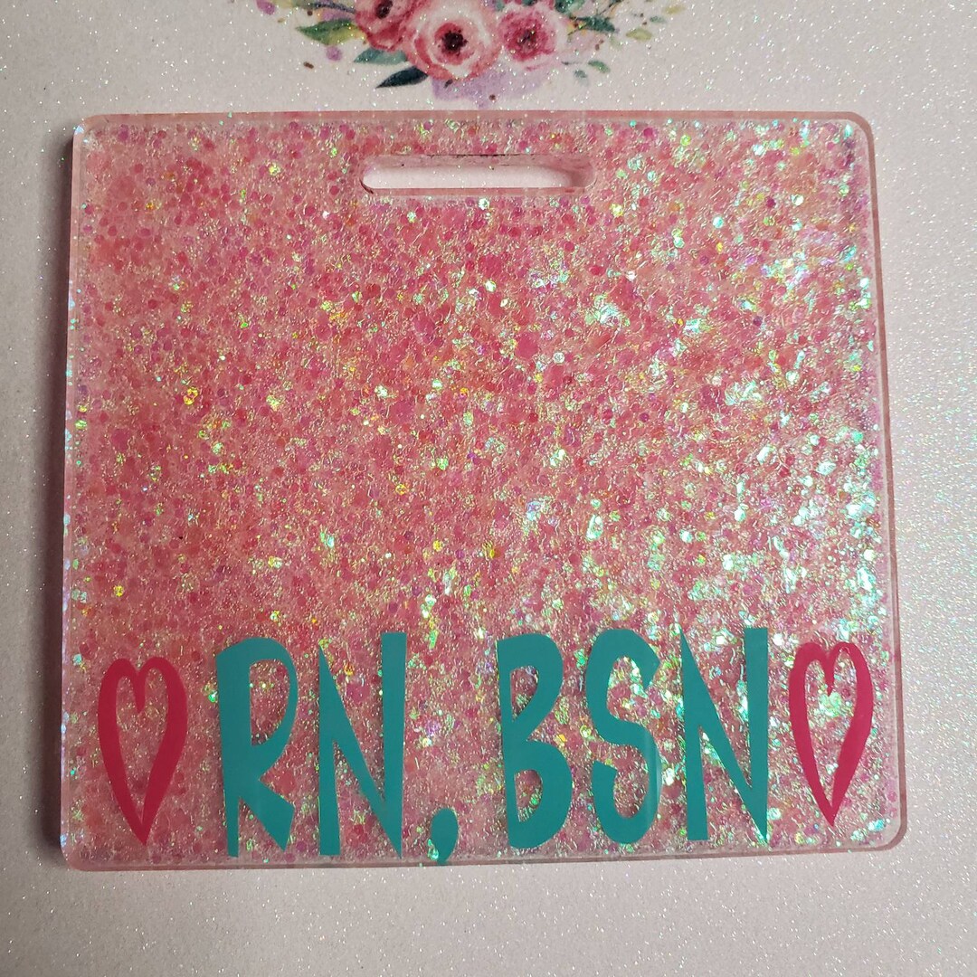 Glitter Badge Buddy, RN BSN, Pink Glitter With Hearts, Registered Nurse ...