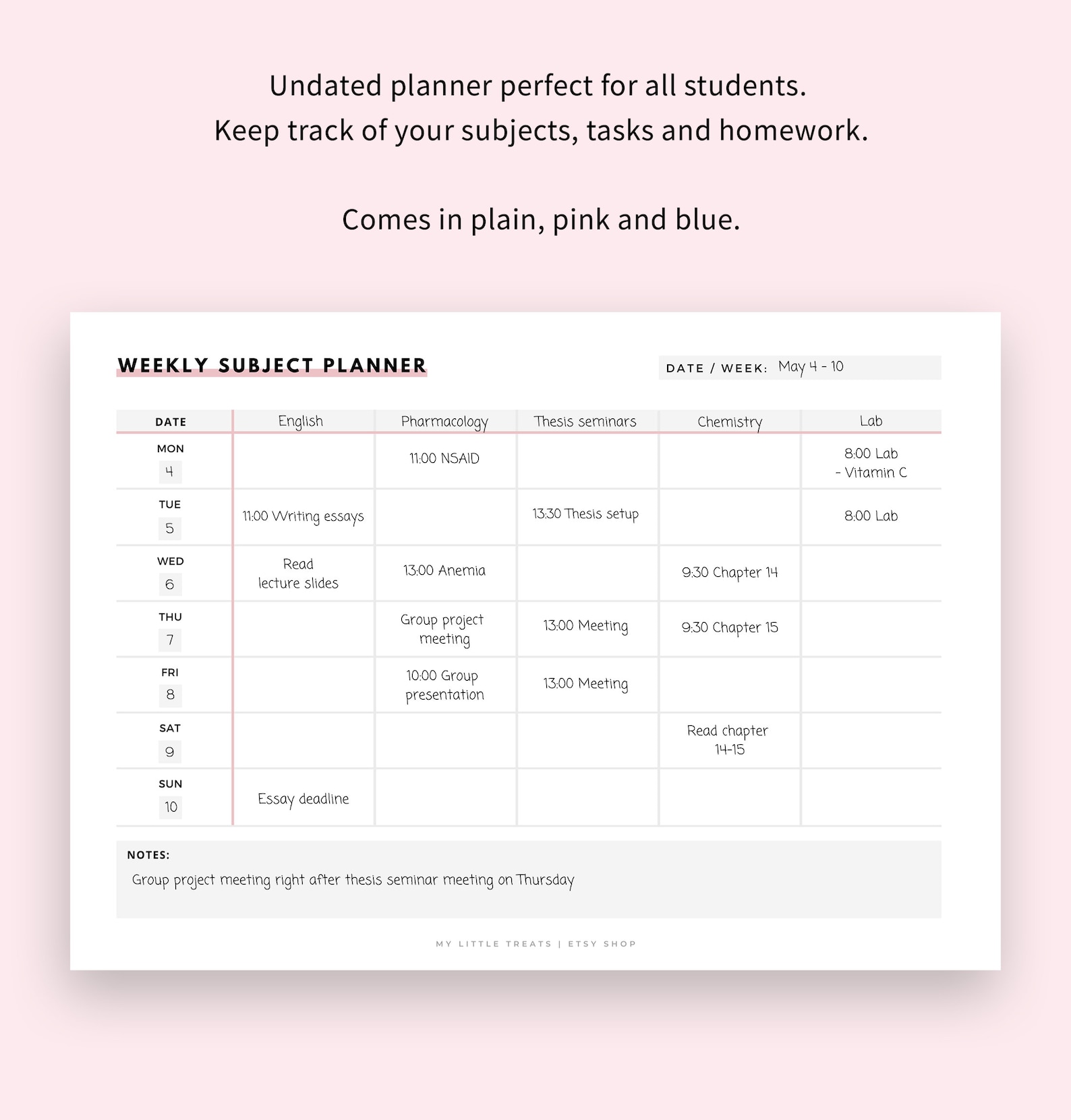 Weekly Subject Planner for Students Printable School | Etsy