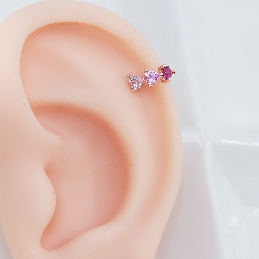 ROSE GOLD Triple Heart Light Pink, Pink, and Fuchsia Czs With Curved Shape / Various Post Bar ...