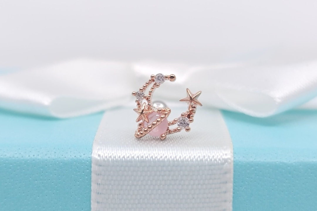 Rose Gold Cute Moon With Pink CZ Planet Design Cartilage Piercing ...