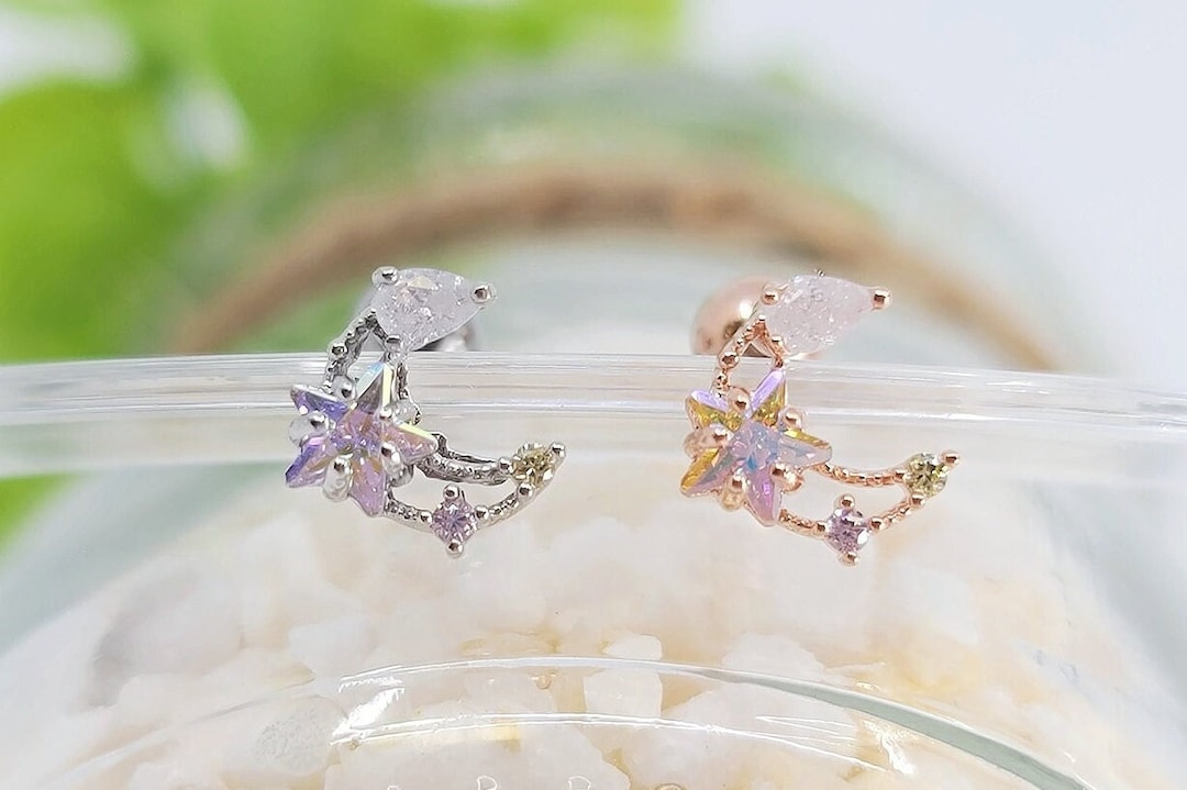 Cute Moon With AB Star Cartilage Piercing/silver, Rose Gold/ Various ...
