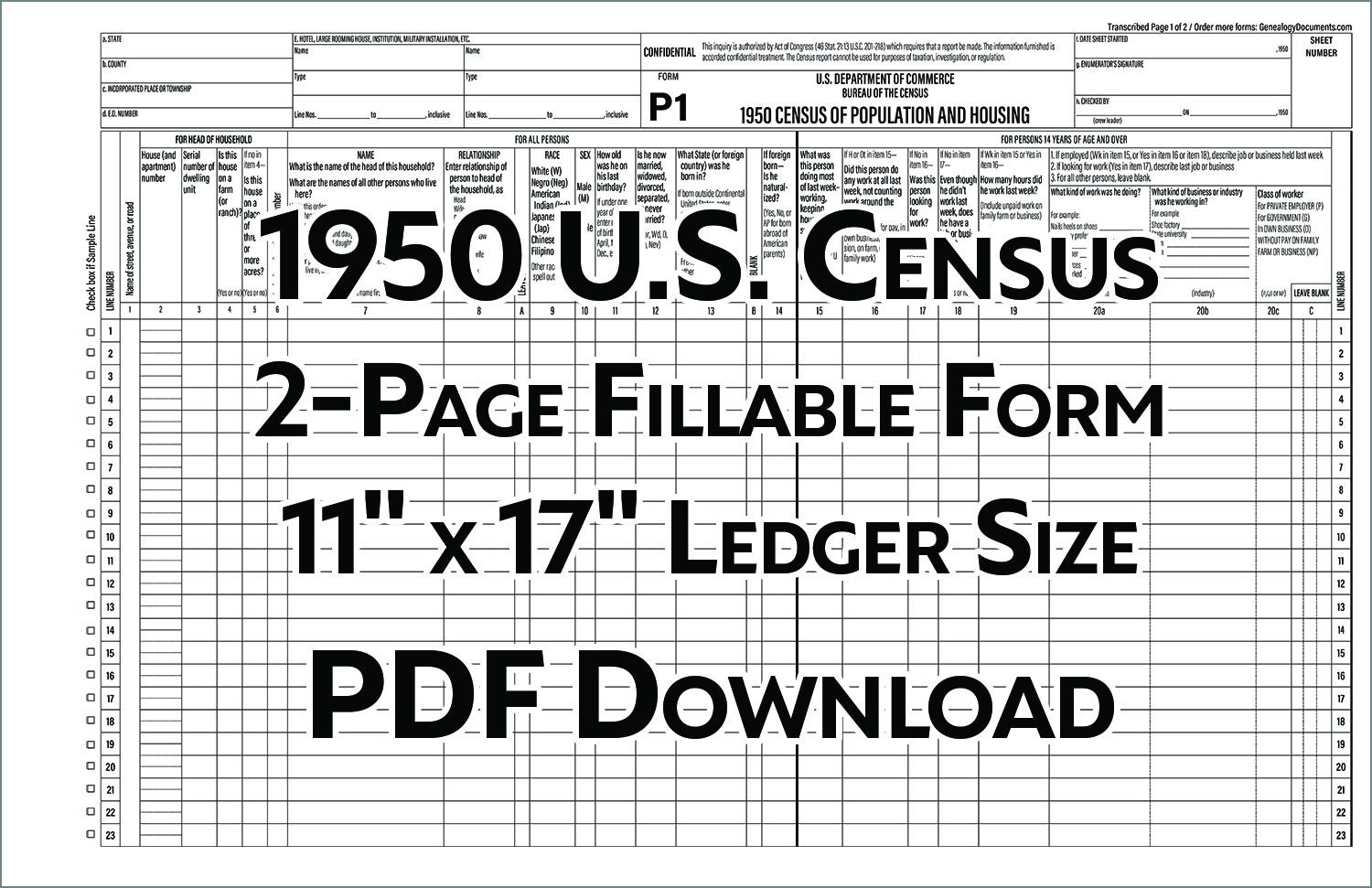 PDF: 1950 US Census Fillable Form 11" X 17" Ledger Size Download ...