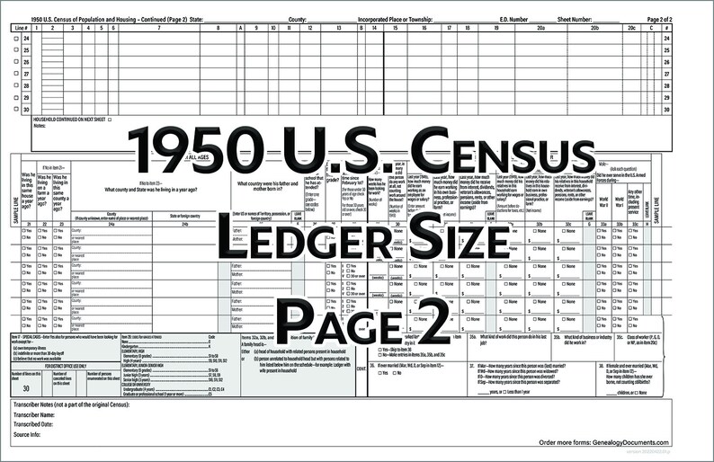 PDF: 1950 US Census Fillable Form 11" X 17" Ledger Size Download ...