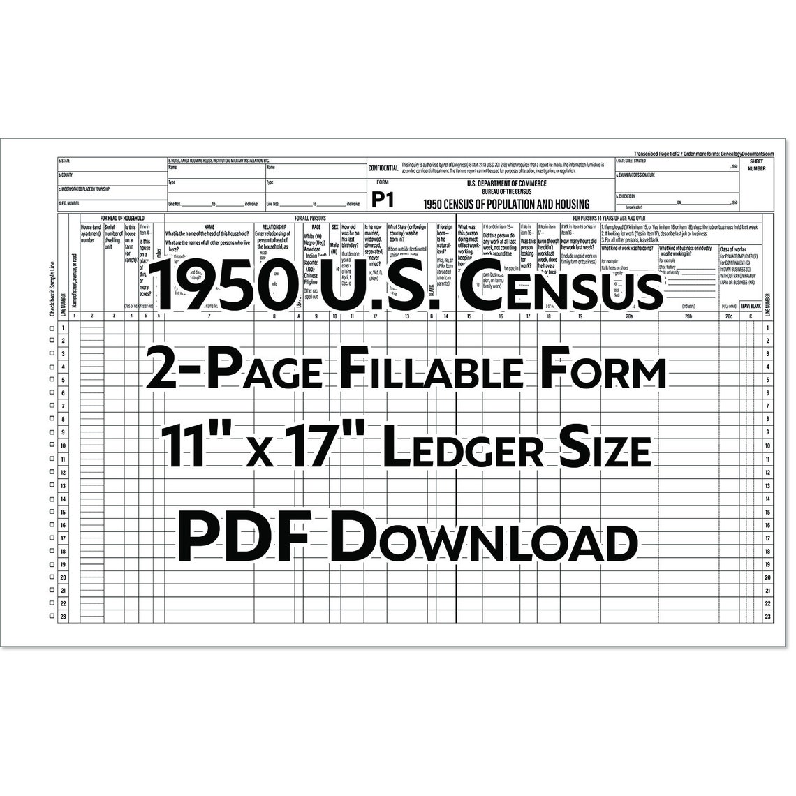 PDF: 1950 US Census Fillable Form 11" X 17" Ledger Size Download ...
