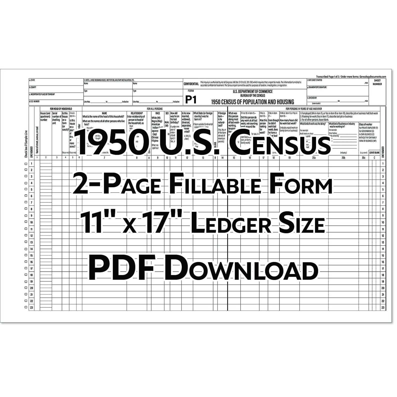 PDF: 1950 US Census Fillable Form 11" X 17" Ledger Size Download ...