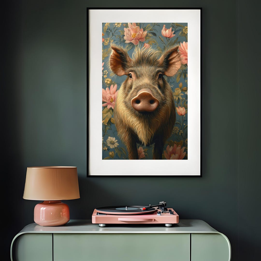 Boho Boar - Rustic Farmhouse Animal Wall Art, Floral Wild Boar Print ...