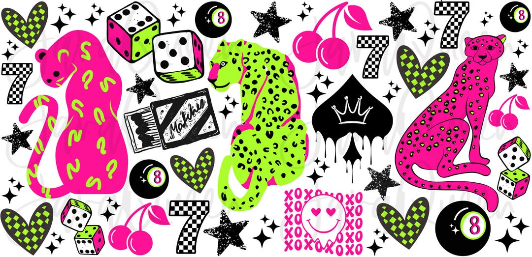 Neon Cheetah Chaos PNG | Alt Leopard & Dice Cup Wrap | Hot Pink, Lime ...
