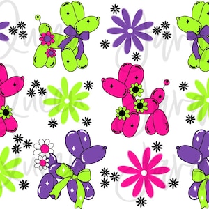 Neon Balloon Dog PNG | Retro Floral Dog Wrap | Y2K Clipart With Bows ...